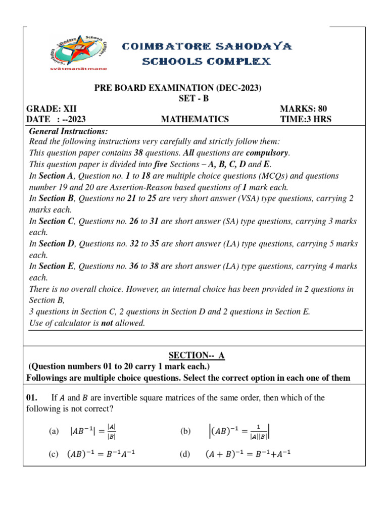 Xii Mathematics Preboard QP Set B Cbessc | PDF