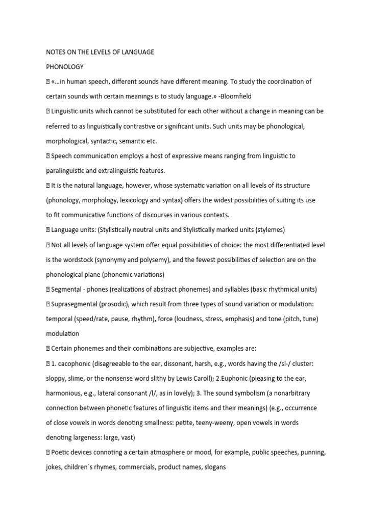 Notes On The Levels of Language | PDF | Stress (Linguistics) | Phoneme