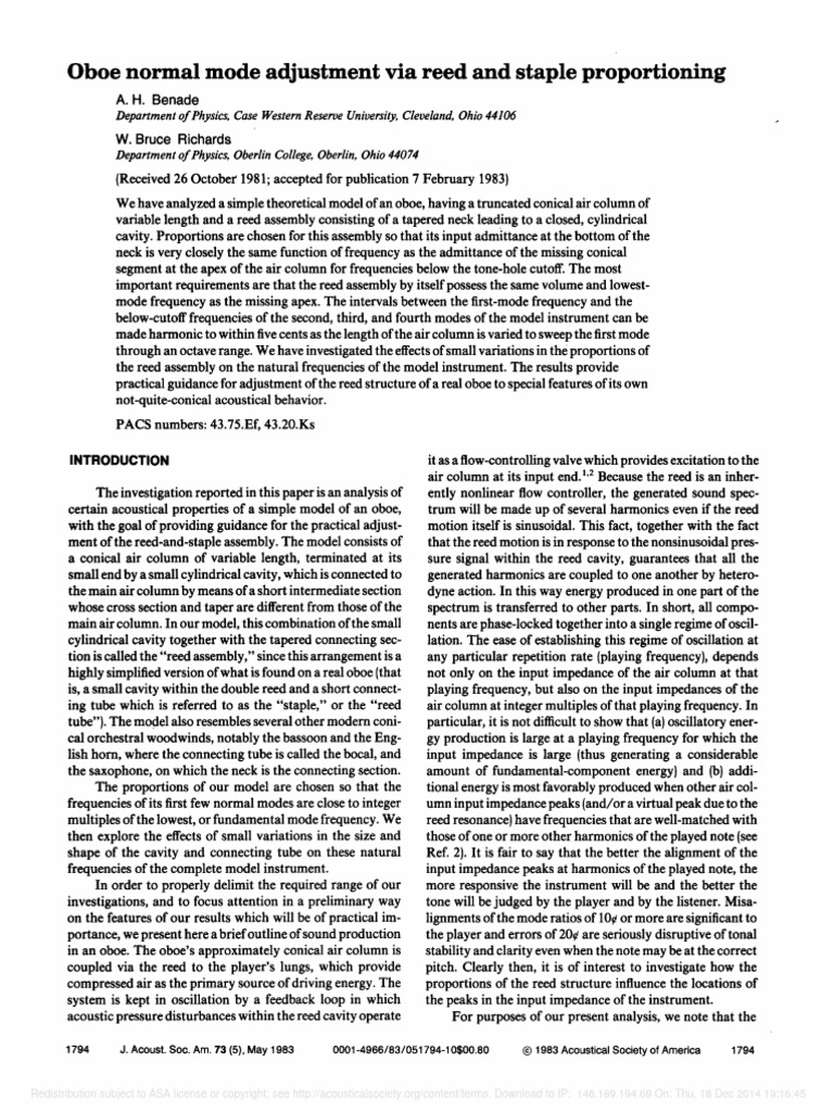 Oboe Normal Mode Adjustment Via Reed and Staple Proportioning | PDF | Oscillation | Waves