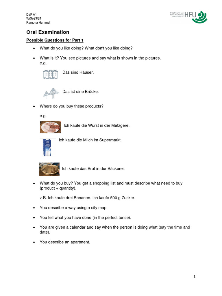 DaF A1 - Examples For Oral Examination | PDF