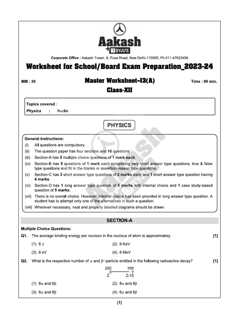 Master WS-13 (A) - Physics - XIIth - Nuclei - Unlocked | PDF Master WS-13 (A) - Physics - XIIth - Nuclei - Unlocked | PDF