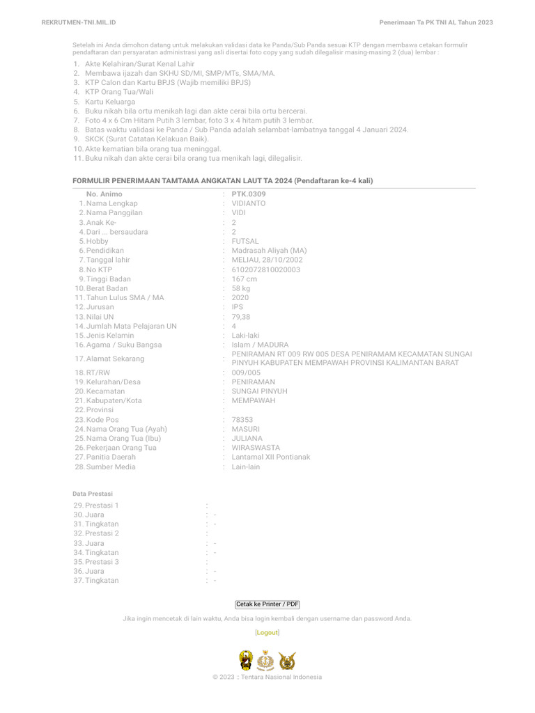 Penerimaan Ta PK AL TNI | PDF