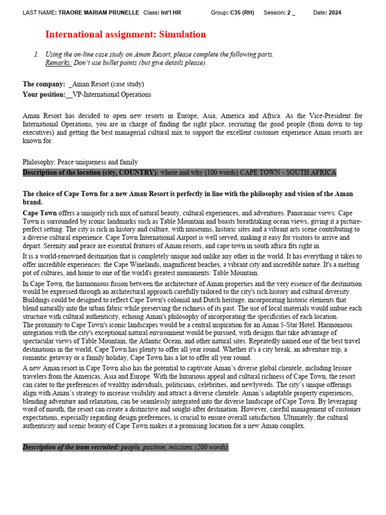 TRAORE - Mariam - Prunelle - s2-2024-C35-Work Assignment-Aman Resort | PDF | Chef | Leadership