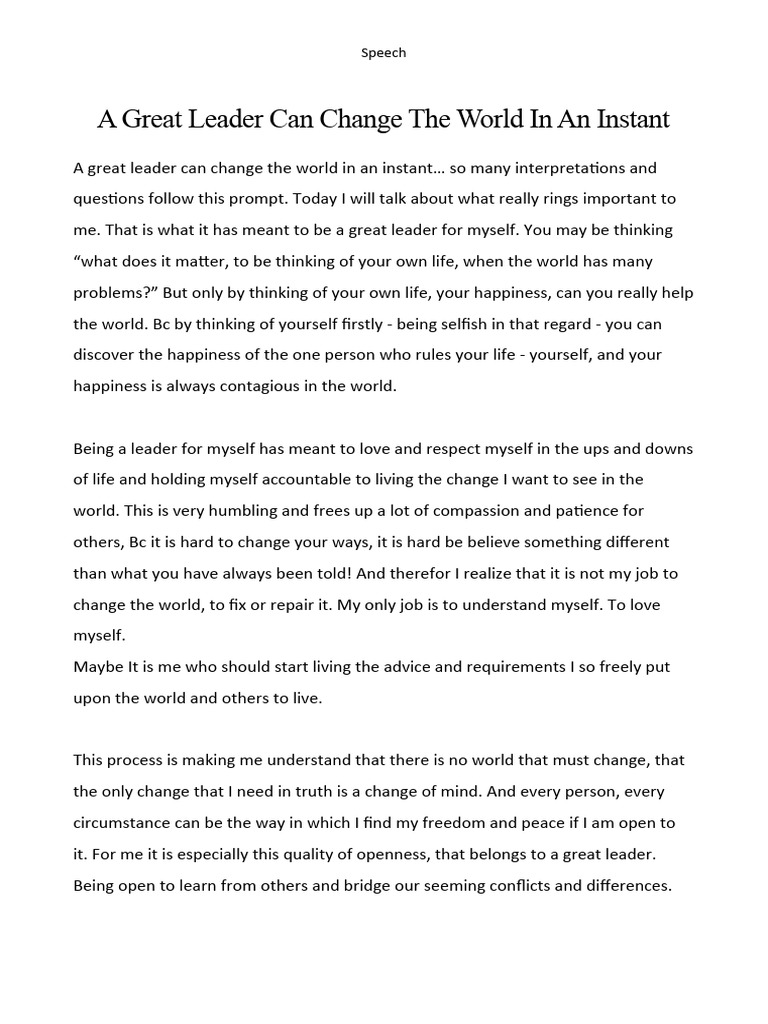 A Great Leader Can Change The World in An Instant Speech | PDF