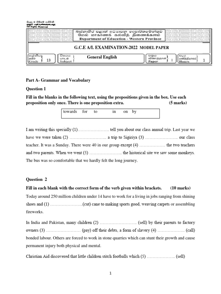 2022 General English Model Paper | PDF | Dances | Teachers