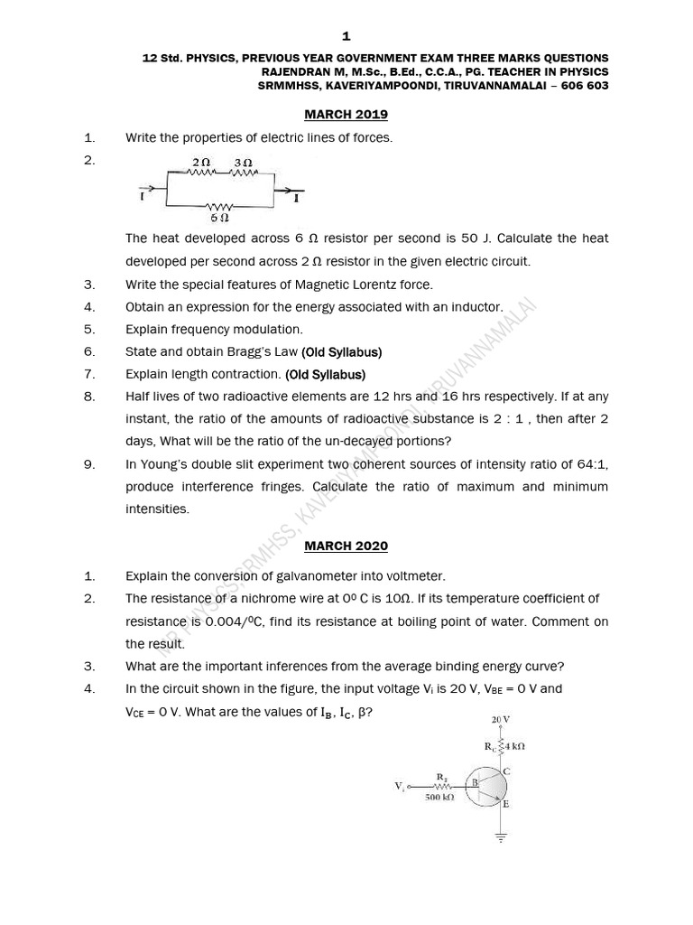 12th Physics Government Exam Questions | PDF | Capacitor | Electrical ...