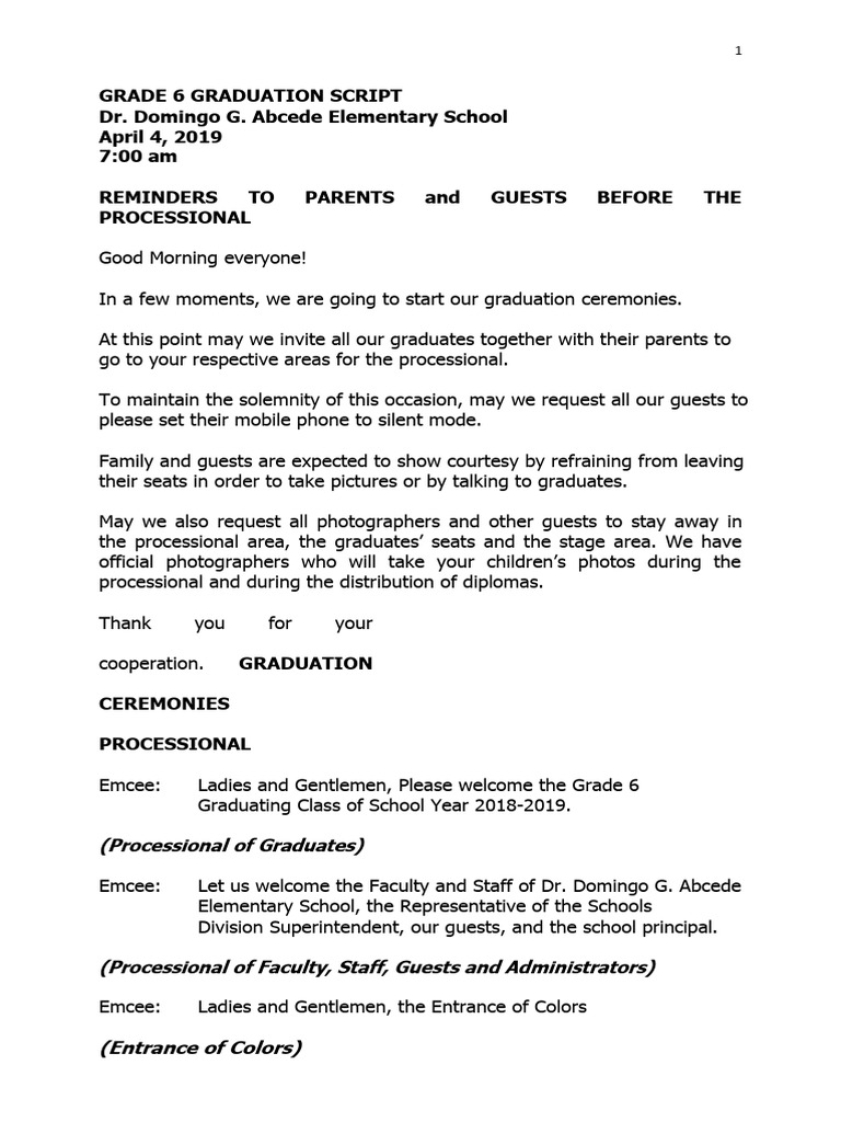 Grade 6 Graduation Script | PDF | Language Arts & Discipline | Foreign Language Studies
