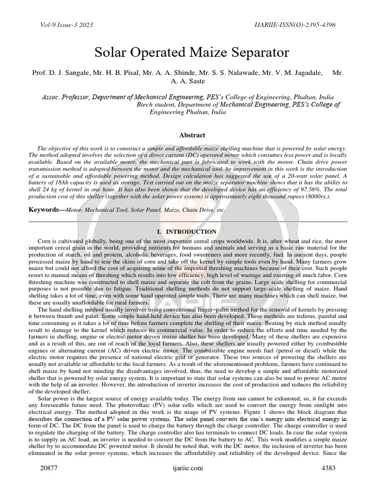 Solar Operated Maize Separator Ijariie20877 | PDF | Solar Power ...