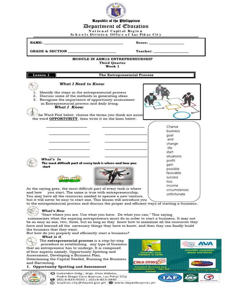G12 Q1 ABM Entrep M 1 | PDF | Entrepreneurship | Brainstorming