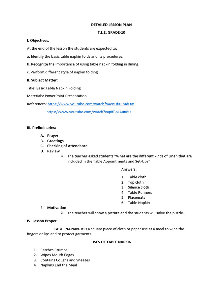 Lesson Plan - Table Napkin Folding | PDF
