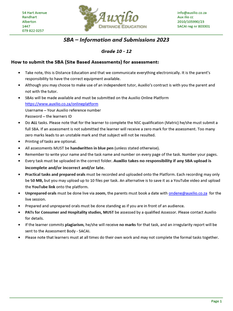 SBA - Information and Submission Procedures Gr10-12 | PDF | Computing