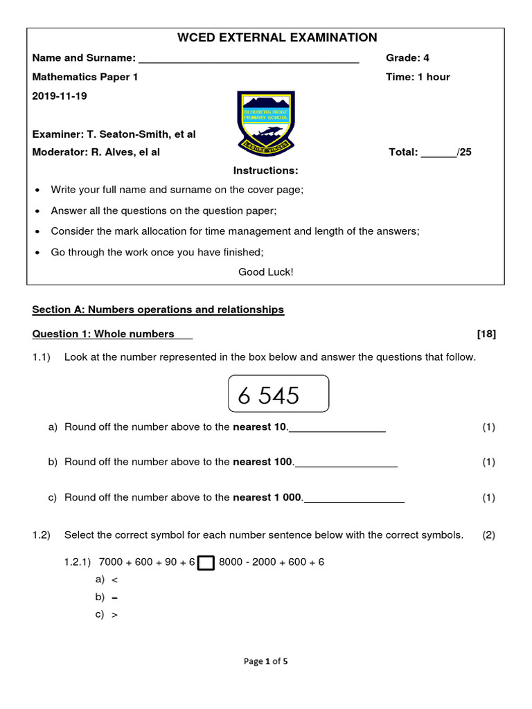 Grade 4 Mathematics Paper 1 Final Examination 2019 | PDF | Arithmetic ...