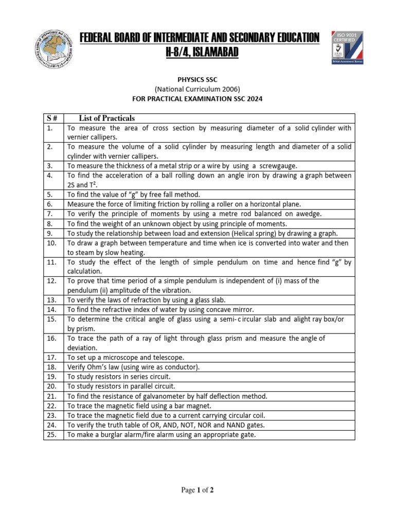 SSC 2024 Physics Practical Syllabus | PDF | Pendulum | Series And ...