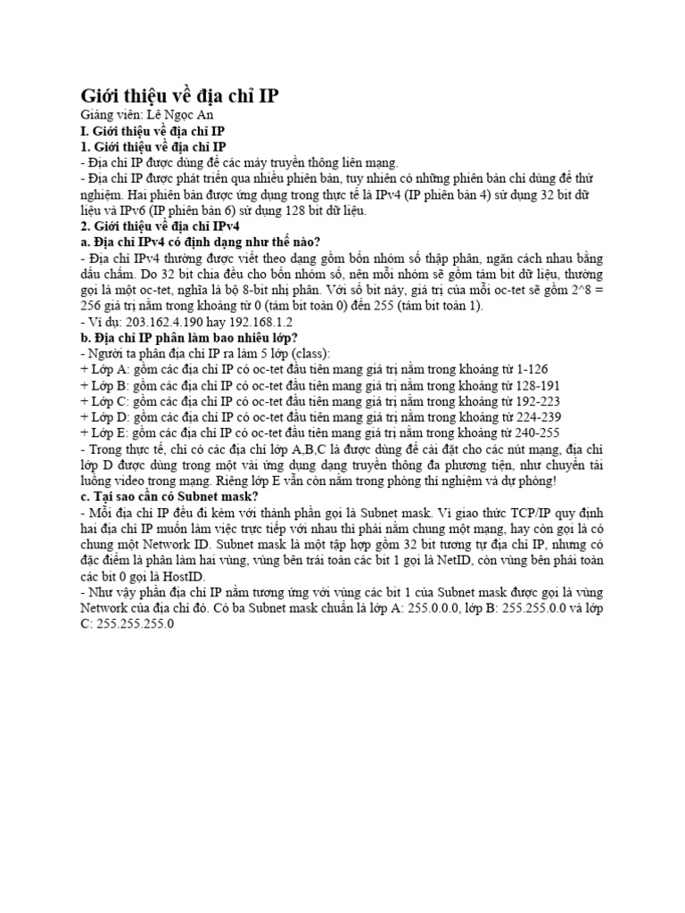 P1. Bai 8. Gioi Thieu Ve Dia Chi IP | PDF