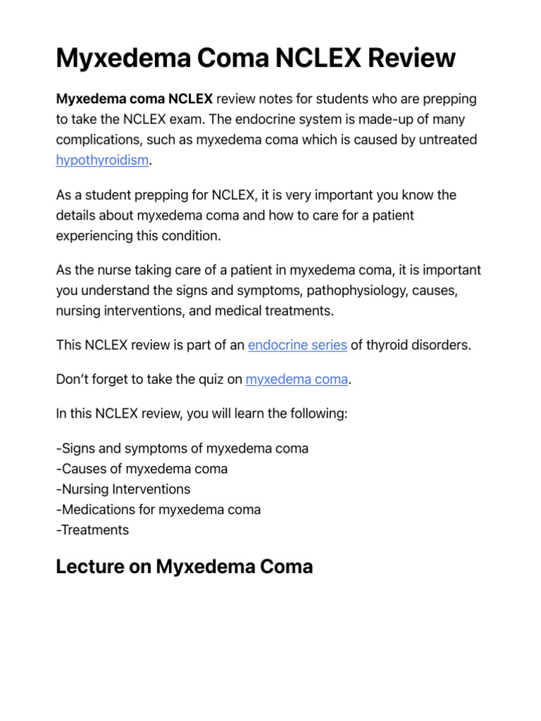 Myxedema Coma NCLEX Study Guide | PDF | Hypothyroidism | Thyroid