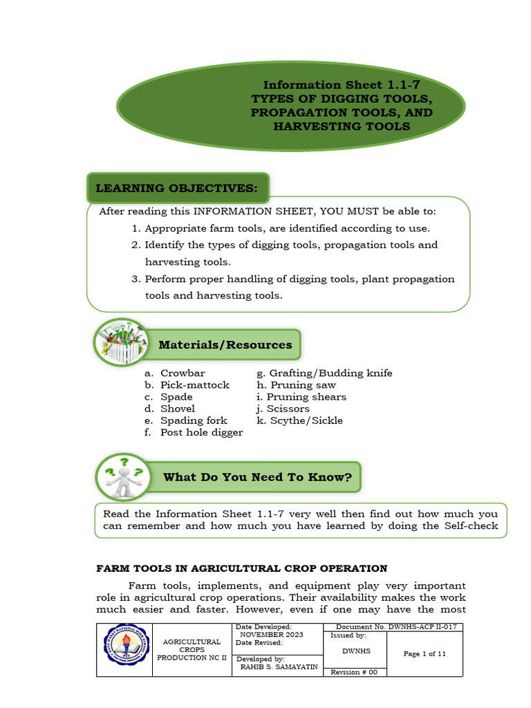 Information Sheet 7. Types of Digging, Propation and Harvesting Tools | PDF | Home & Garden ...