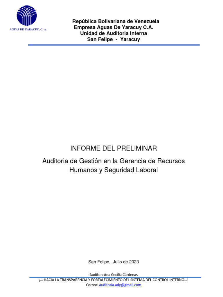 Informe Preliminar de Auditoría 2023 | PDF | Auditoría | Contralor