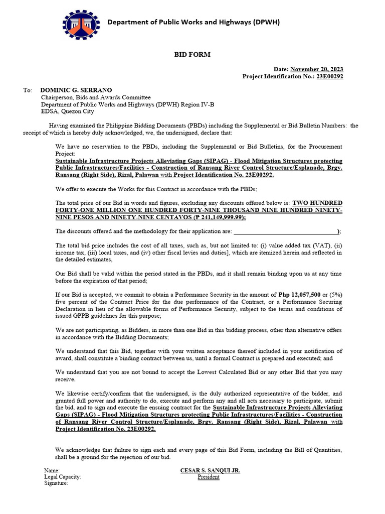 Dpwh-23e00292 Bid Form | PDF | Taxes | Government