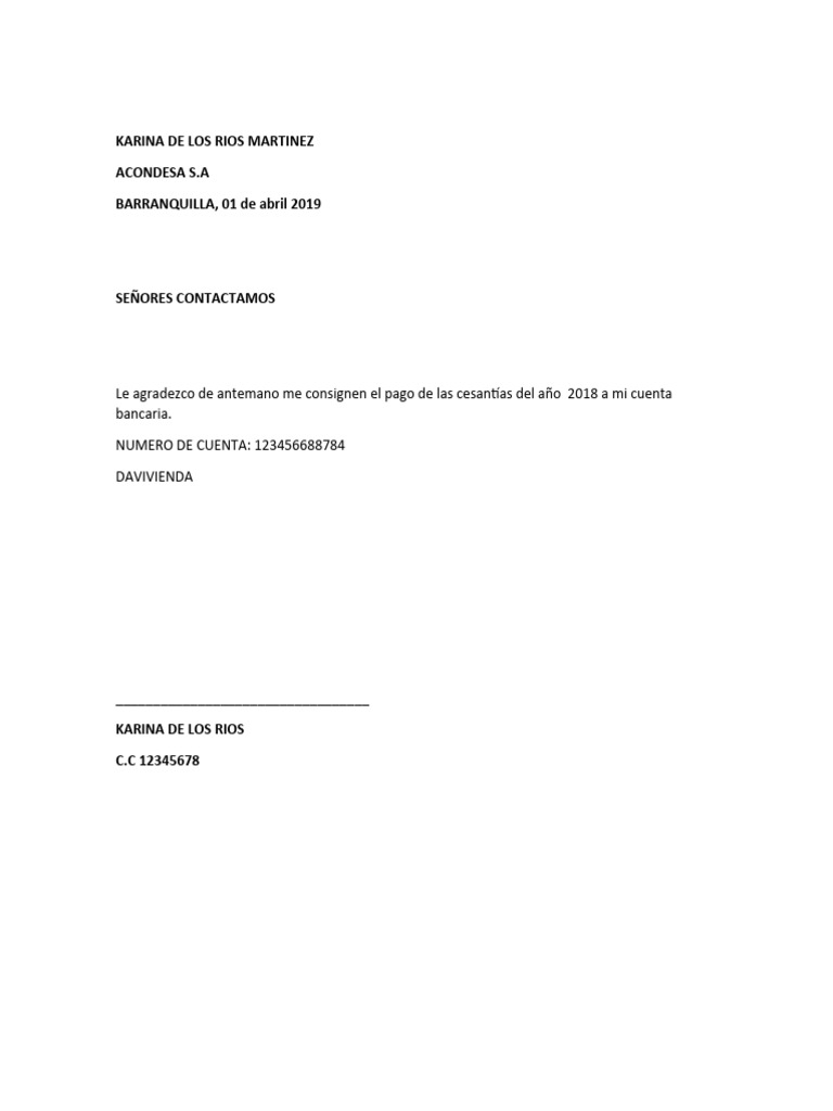 Modelo Carta para Consignar Cesantias | PDF