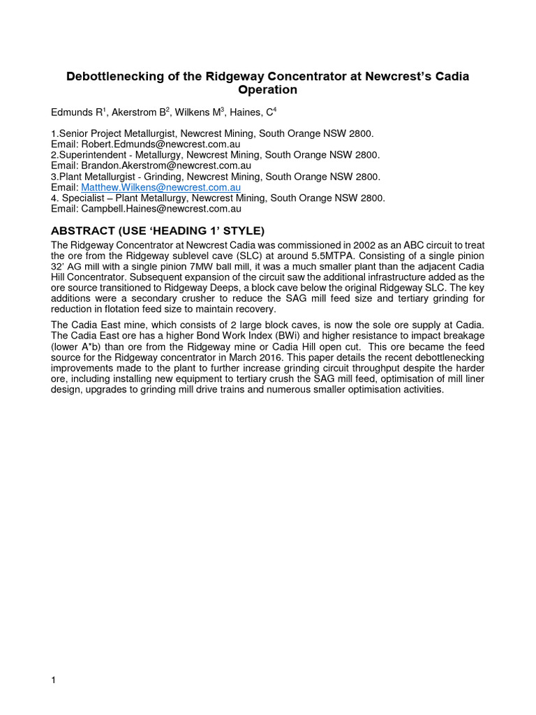 Debottlenecking of The Ridgeway Concentrator at Newcrest's Cadia ...