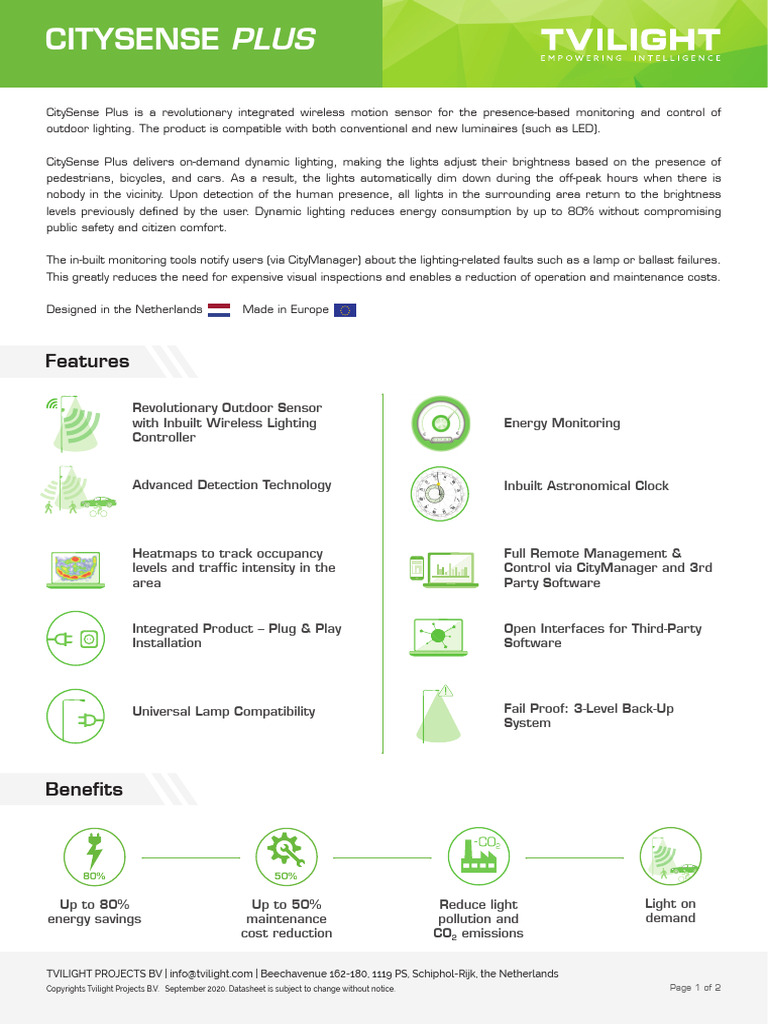 Streetlight Motion Sensor Datasheet-CitySense-Plus | PDF | Lighting ...