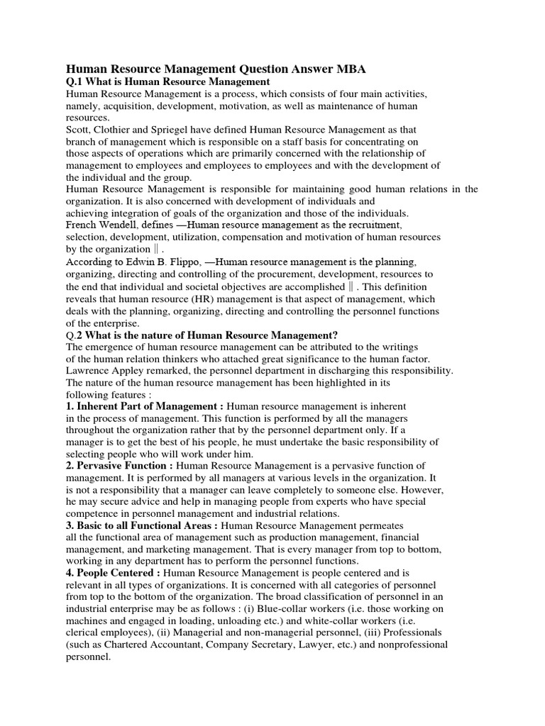 Human Resource Management Question Answer MBA | PDF