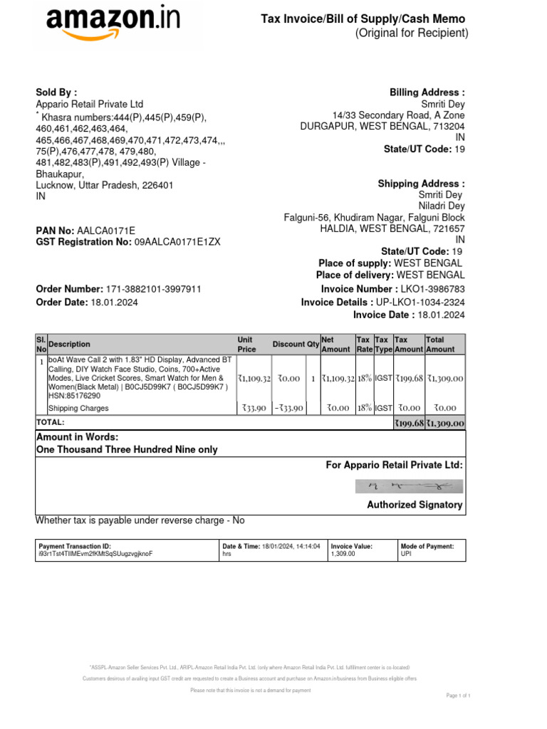 Smart Watch Bill | PDF | Invoice | Payments