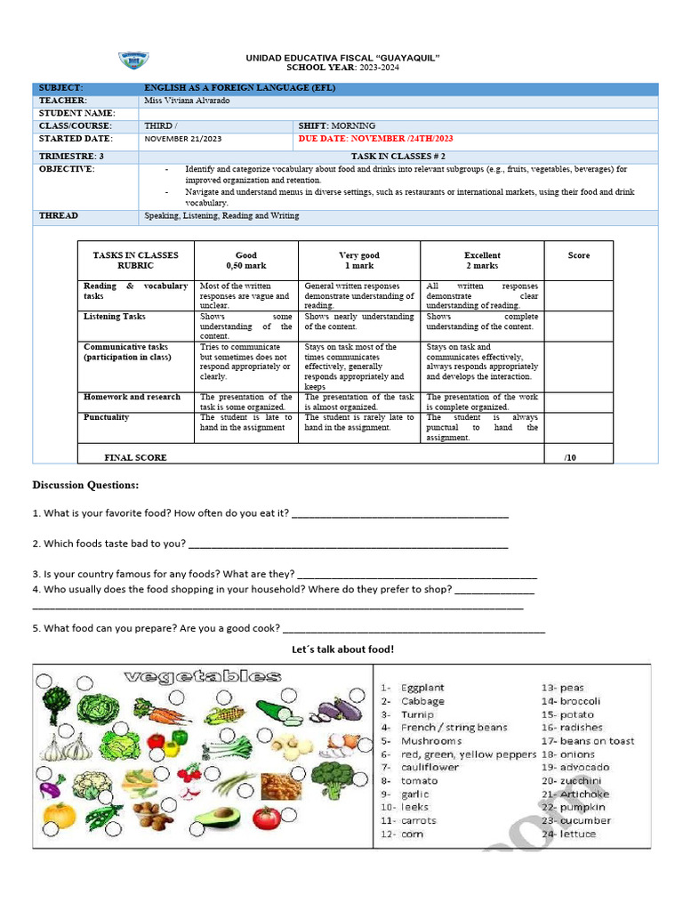 EFL Vocabulary Task: Food & Drinks | PDF | Vocabulary | English As A ...