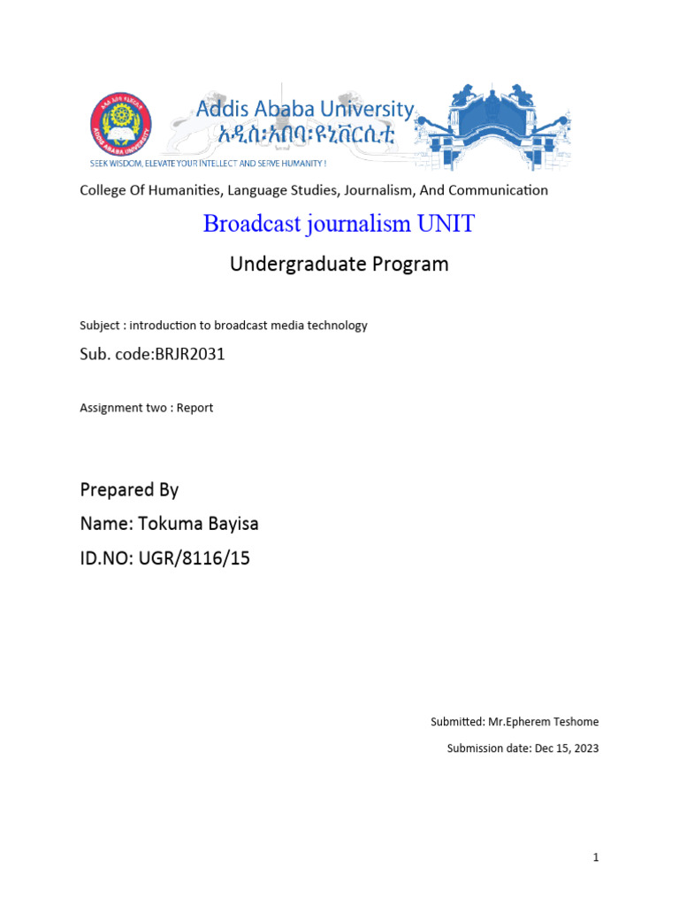Tokuma Bayisa Report TV and Rad | PDF | Microphone | Broadcasting