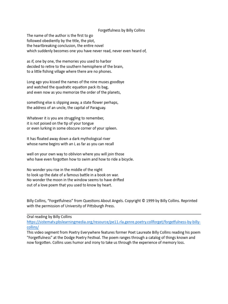 Forgetfulness by Billy Collins | PDF