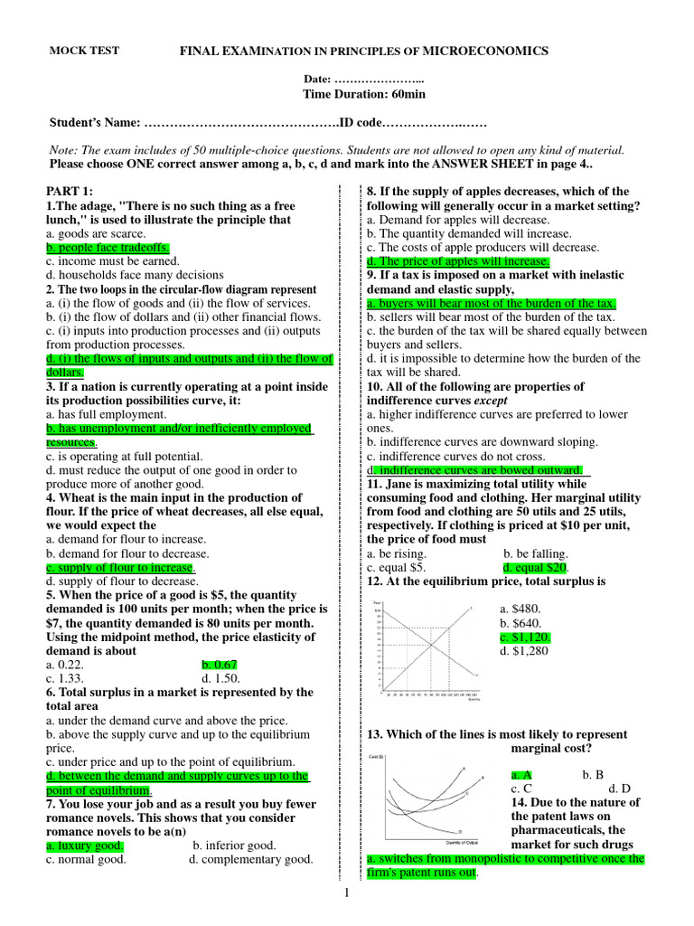 Microeconomics Final Exam Mock Test | PDF | Economic Equilibrium | Demand