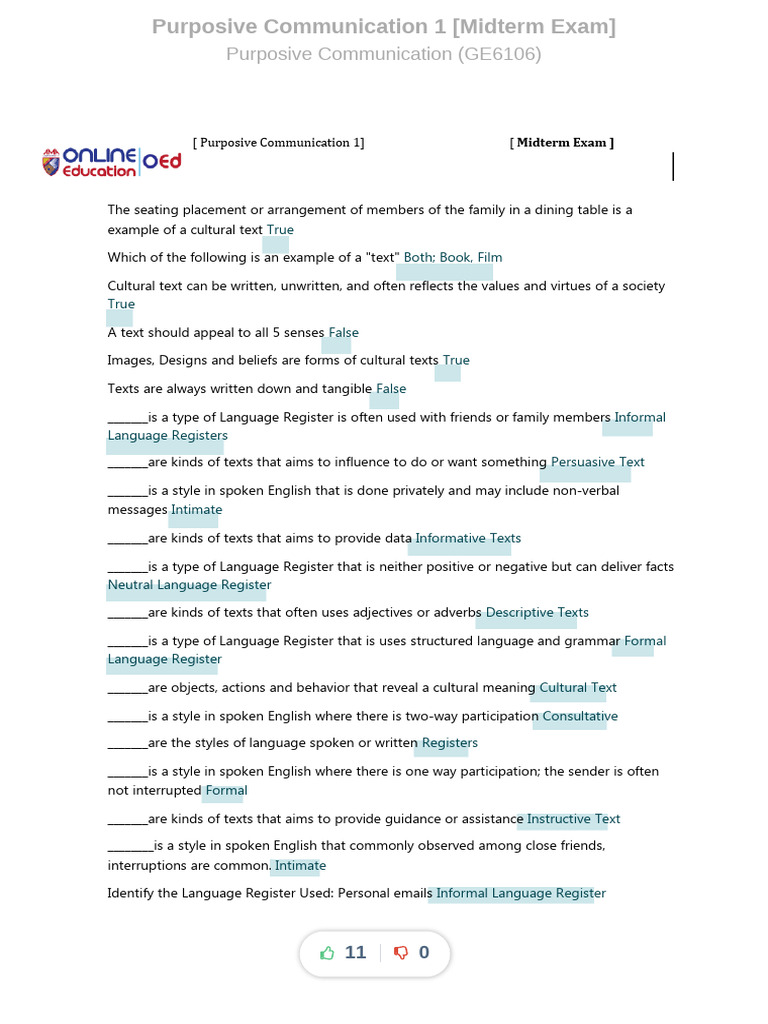 Purposive Communication 1 Midterm Exam - Compress | PDF | Communication ... Purposive Communication 1 Midterm Exam - Compress | PDF | Communication ...