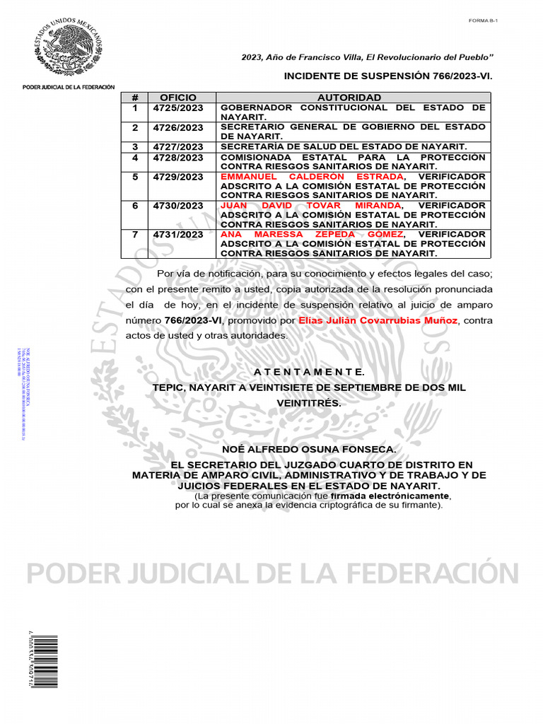 OFICIO Audiencia Incidental | PDF | Mandato | Caso de ley
