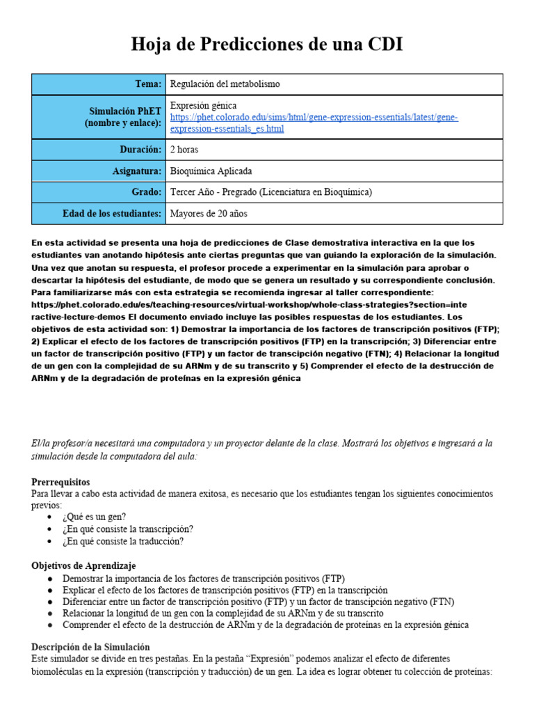 Editable Hoja de Predicciones de Una CDI Expresion Genica Camila Palma | PDF | Messenger Rna ...