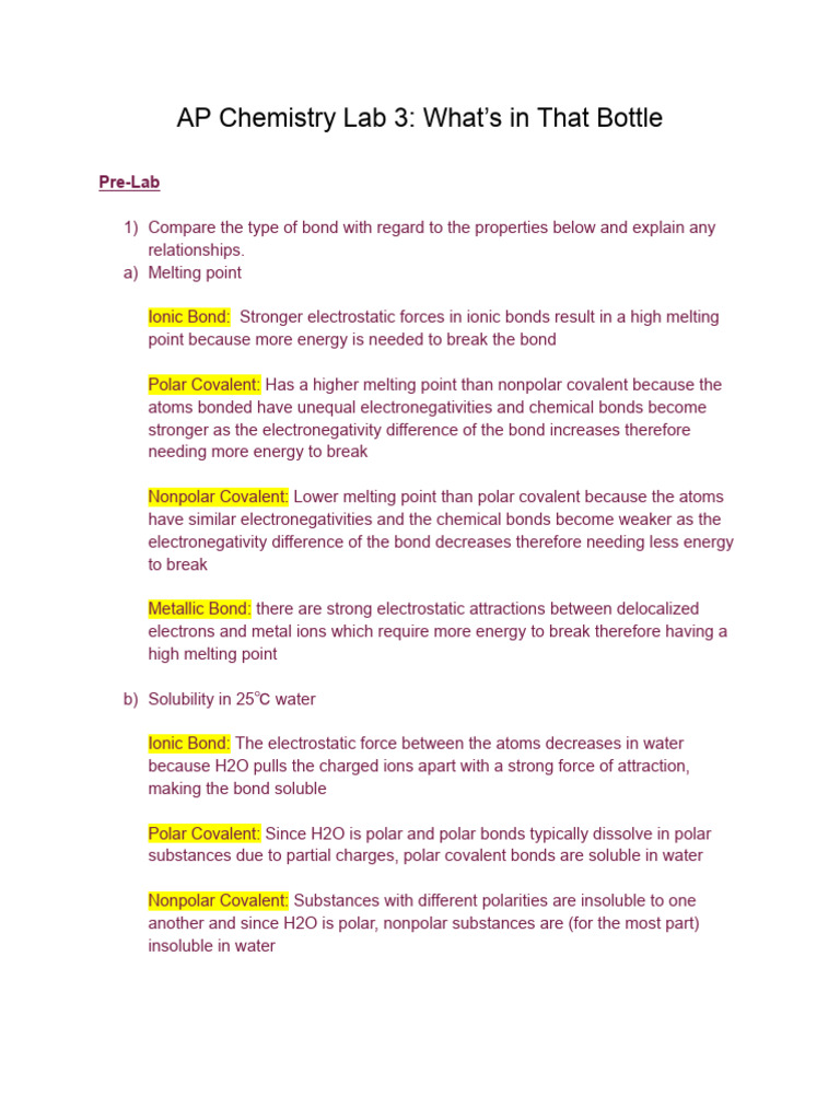 AP Chem Lab 3 - Types of Bonds | PDF | Chemical Bond | Chemical Polarity