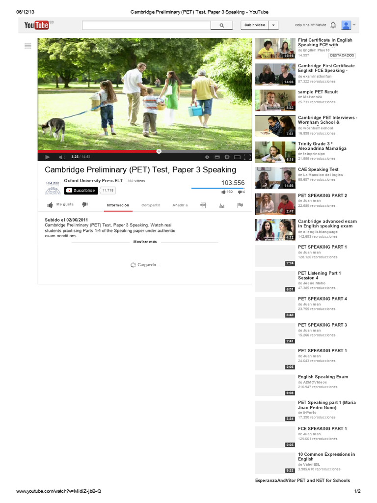 Cambridge Preliminary (PET) Test, Paper 3 Speaking - YouTube | PDF
