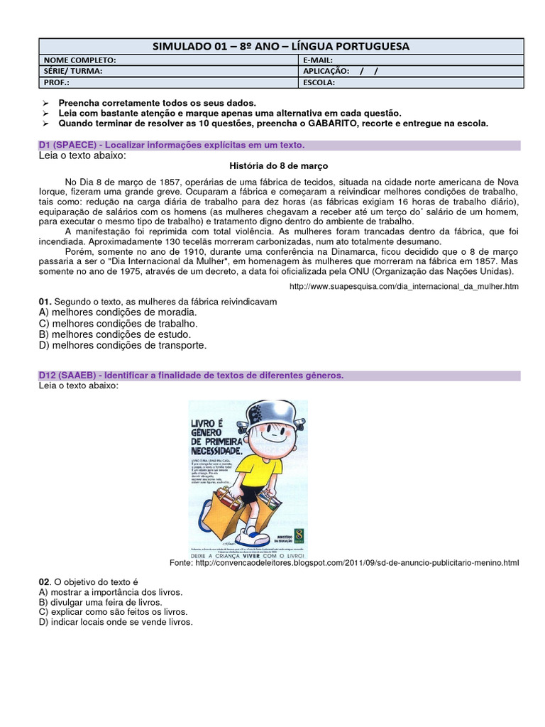 SIMULADO de LINGUA PORTUGUESA 8o Ano D1 D2 D3 D12 D13 | Download grátis PDF | Desmatamento | Rio ...