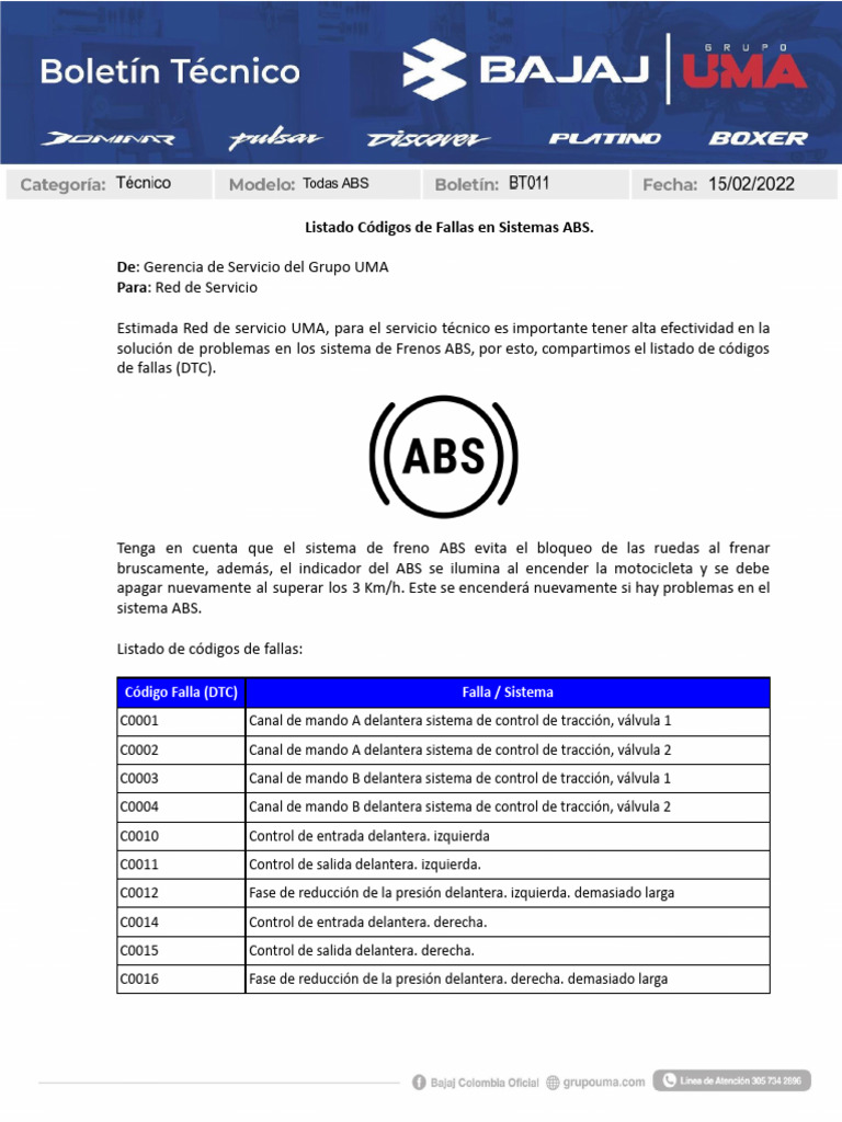 BT011. Listado Códigos de Fallas en Sistemas ABS | PDF | Sistema de ...