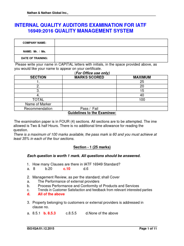 IATF 16949 - 2016-Exam Paper With Answers | PDF | Iso 9000 | Audit