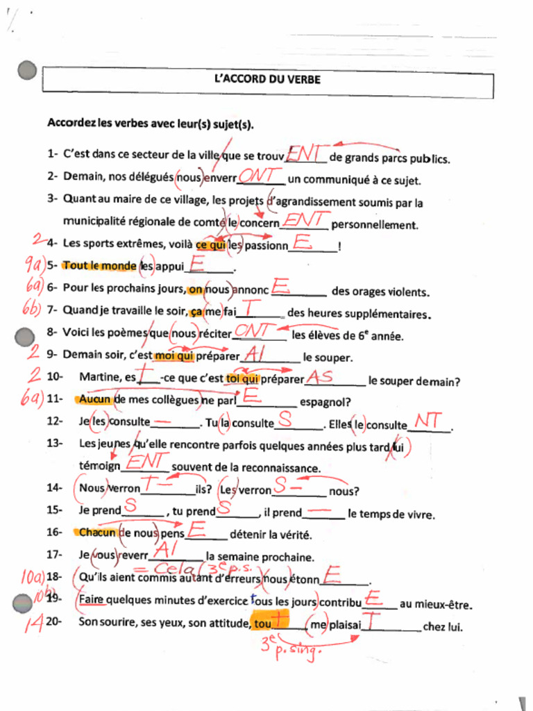 Laccord Du Verbe - Exercices Supplementaires Facultatifs - Le Corrige | PDF
