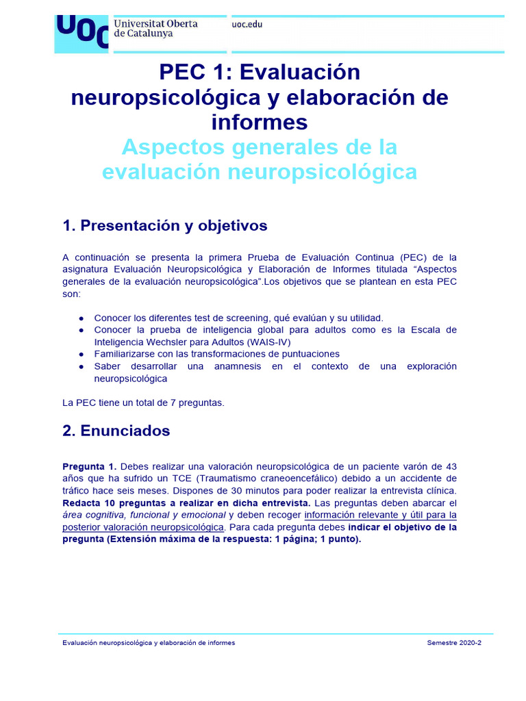 M0.360_20202_PEC 1_Aspectos generales de la evaluacio¿n neuropsicolo¿gica | PDF | Memoria ...