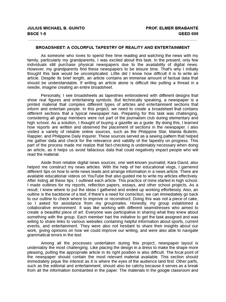 T7 Guinto Julius-Michael Narrative-Report | PDF | Newspapers | News