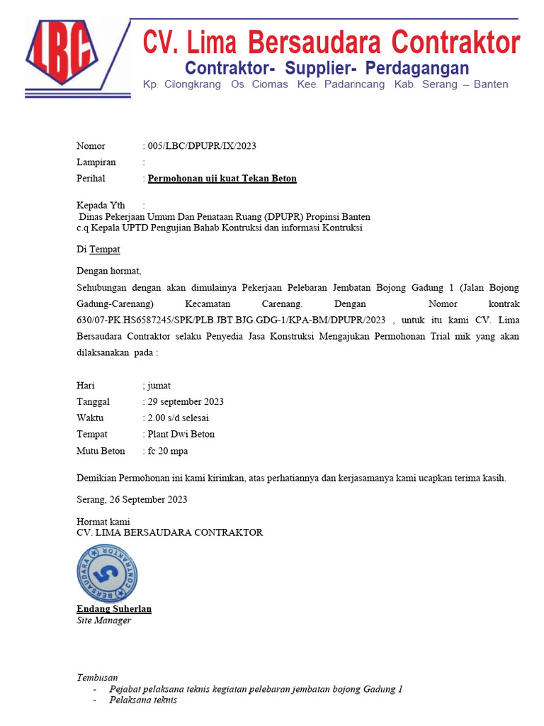 Surat Permohonan Trial Mix Beton | PDF
