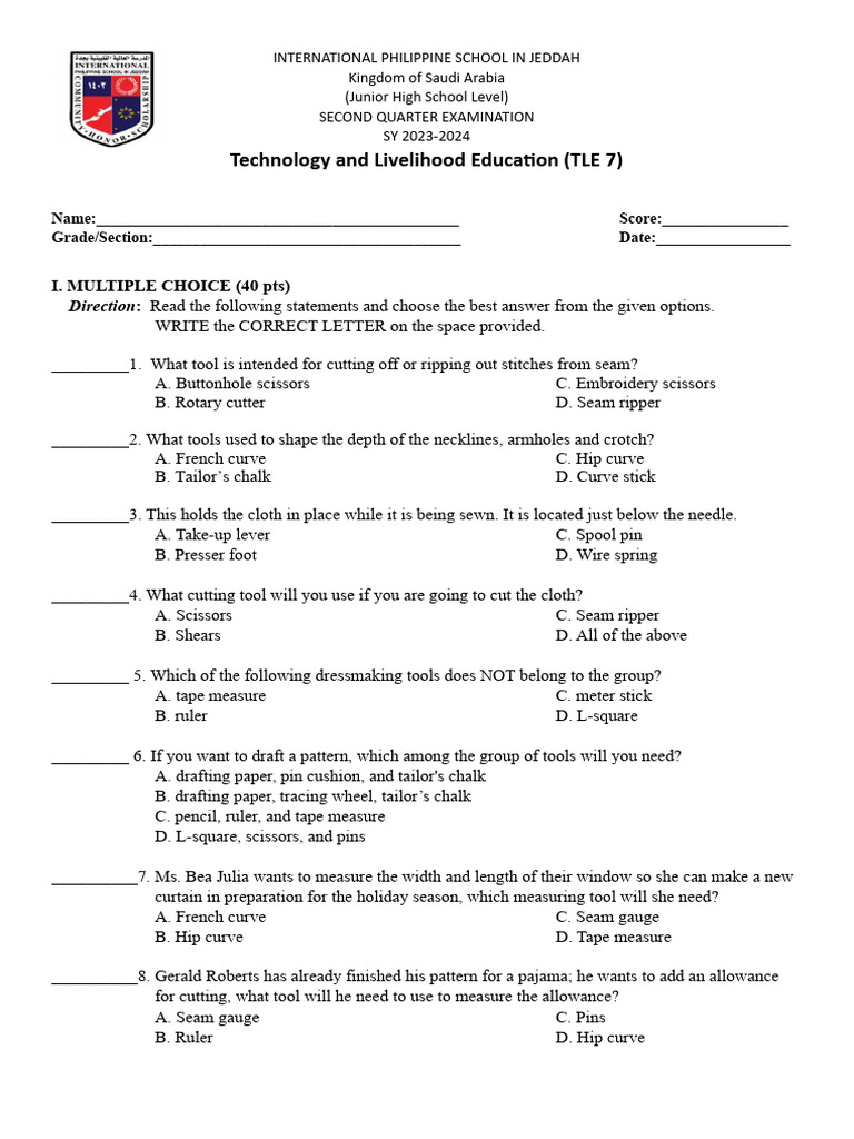 Tle 7 2nd Quarter Exam | PDF | Sewing | Sewing Machine