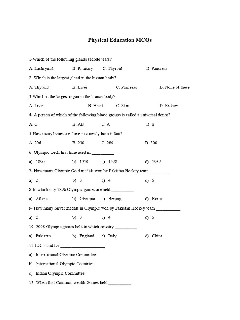 Physical Education MCQs | PDF | England Cricket Team | Sports