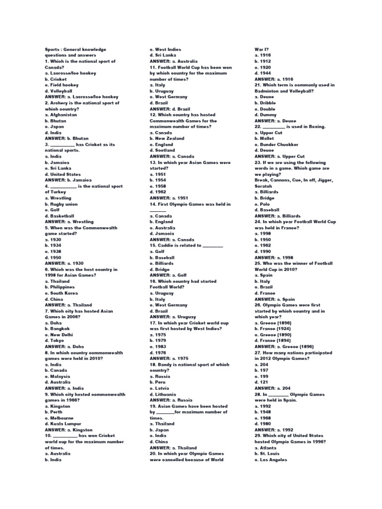 Sports General Knowledge Questions and Answers | Download Free PDF ...