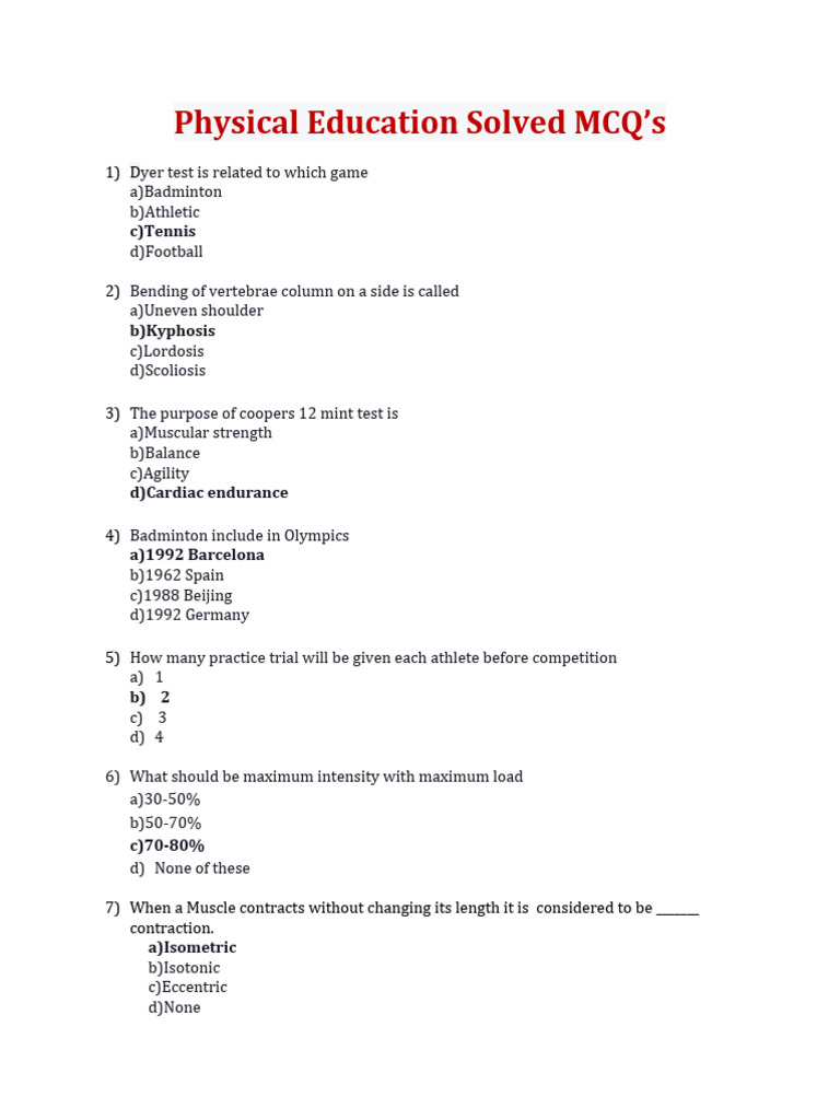 Physical Education Solved MCQs | PDF | Muscle Contraction | Skeletal Muscle