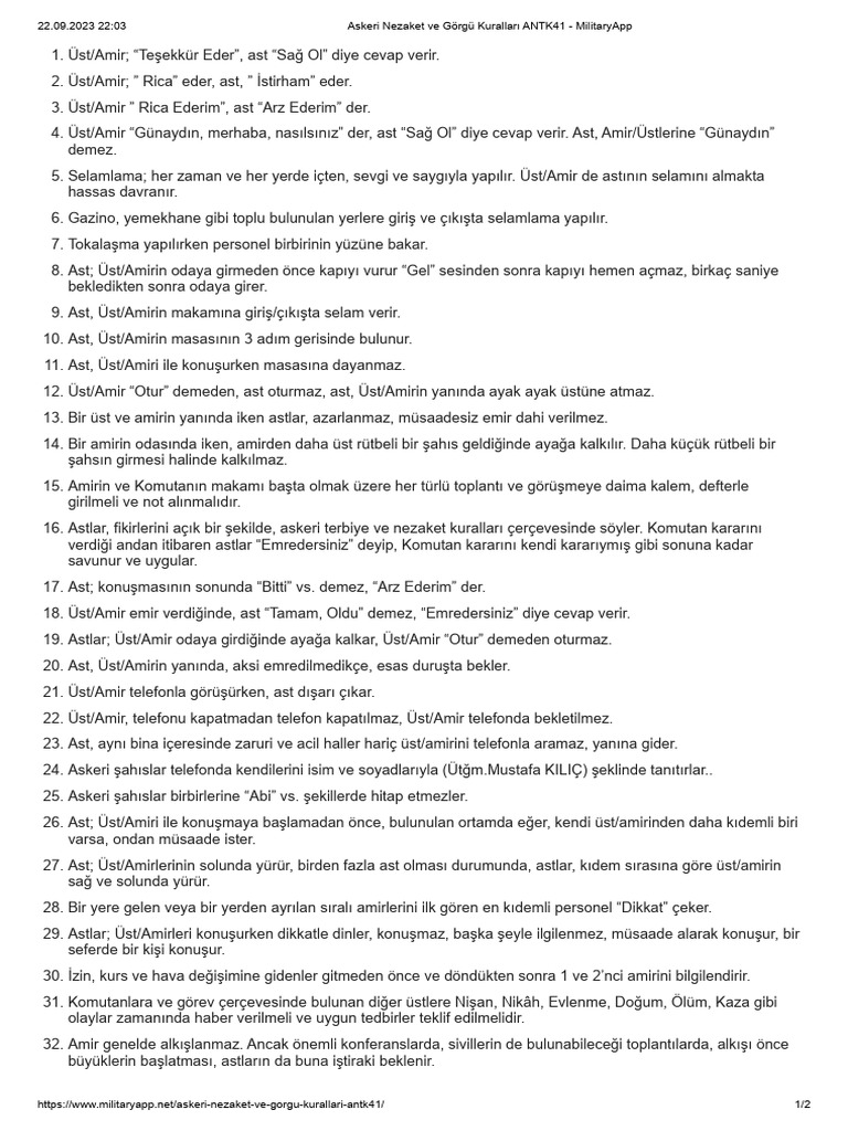 Askeri Nezaket ve Görgü Kuralları ANTK41 - MilitaryApp | PDF