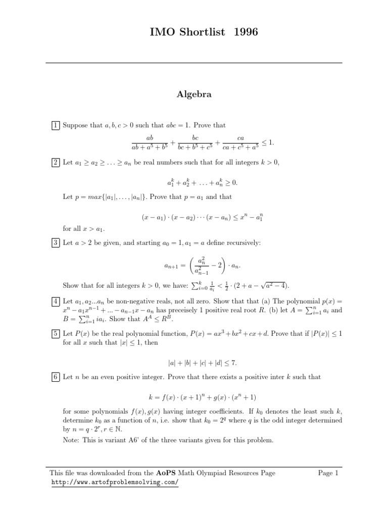 IMO Shortlist 1996: Algebra | PDF | Triangle | Elementary Geometry