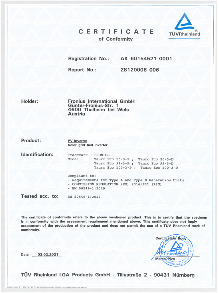 SE CER Conformity EN 50549-1 RFG Fronius Tauro Eco EN | PDF